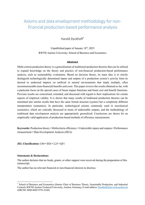 Pdf Axioms And Data Envelopment Methodology For Non Financial