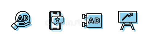 Set Line Advertising Mobile With Review Rating And Board Graph Chart Icon Vector Stock