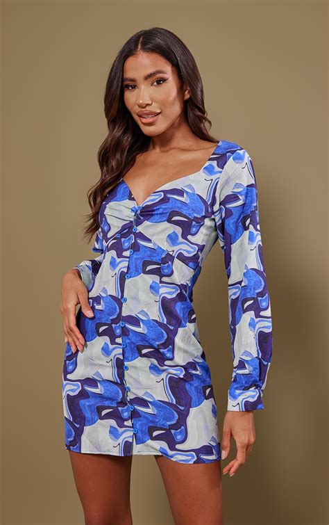 Blue Abstract Print Button Down Bodycon Dress Dresses Plt