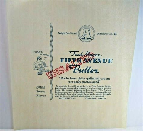 Butter Wrapper Fred Meyer Fifth Avenue 1 Pound Labeloriginal Circa 1940s Nos Ephemera Other
