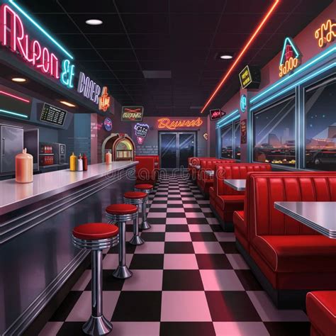 Retro American Diner Interior With Neon Signs On Walls Featuring A Long White Counter Stock