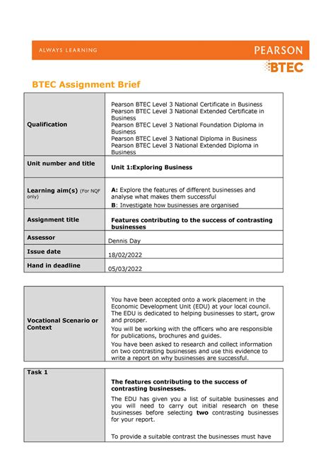 Unit 1 Authorised Assignment Brief For Learning Aims A And B Unit 1
