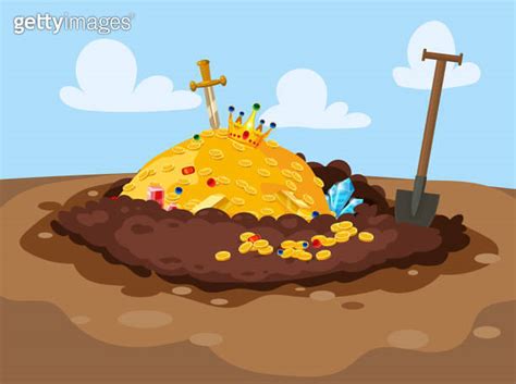 Treasure Pile Full Of Treasures Gold Coins Digging Hole In The Ground