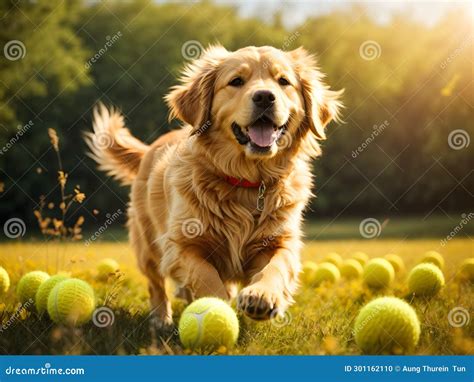 A Joyful Golden Retriever Playing With His Balls Stock Photo Image Of