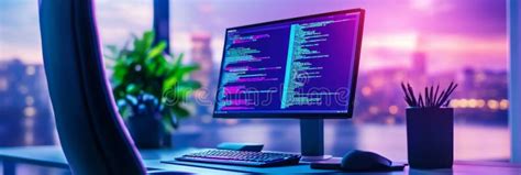 modern workspace with coding screen at dusk a vibrant modern workspace