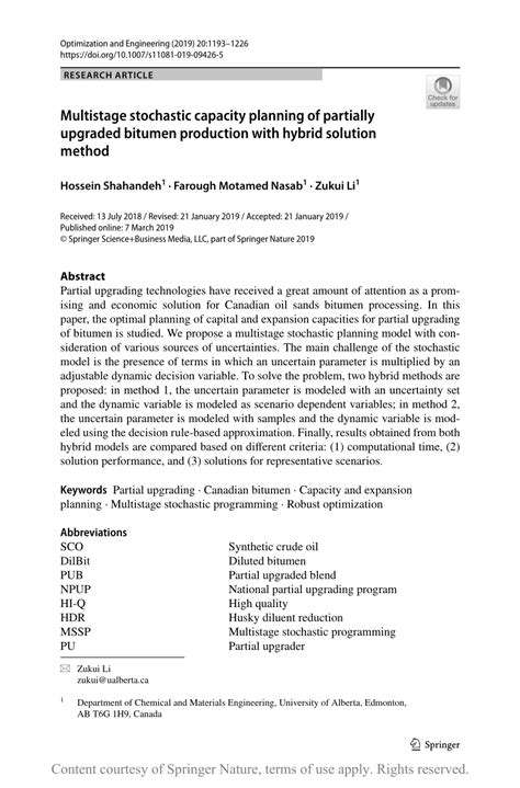 Multistage Stochastic Capacity Planning Of Partially Upgraded Bitumen