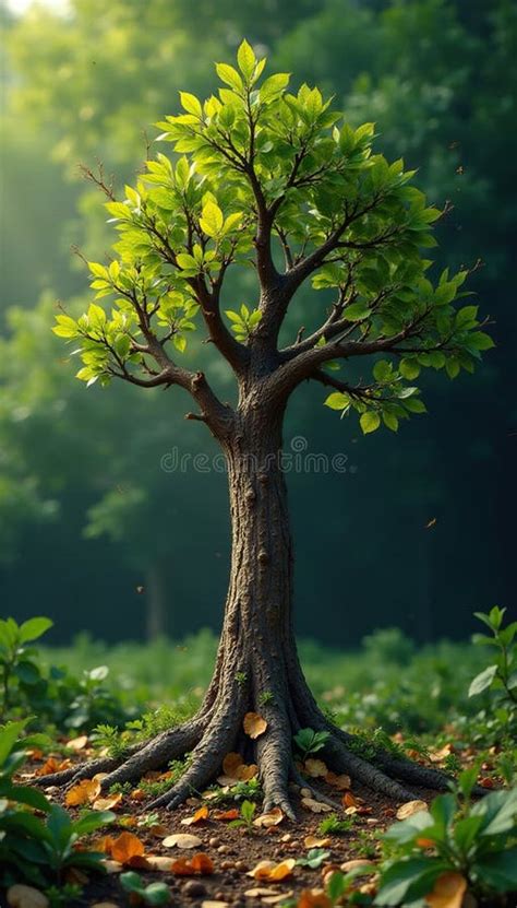 A Brown Tree With Dead Branches And Green Leaves On The Ground Nature