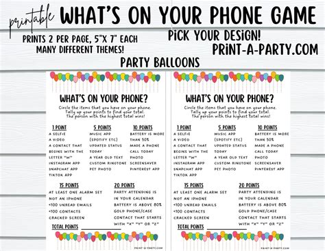 Whats On Your Phone Game Printable 2 Games Per Page Birthday G
