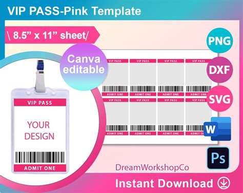 Vip Pass Pink Color Template Svg Dxf Canva Ms Word Docx Etsy