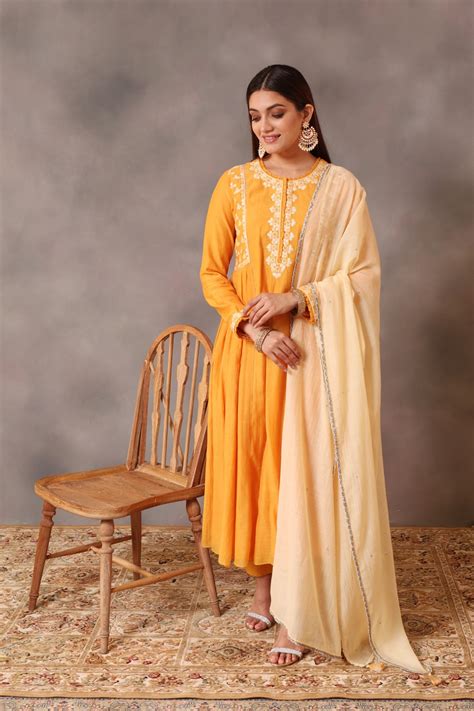 Hand Embroidered Mango Yellow Pure Cotton Silk Kurta Pants Set