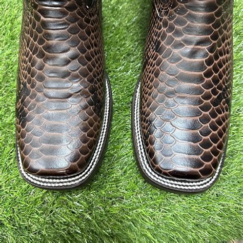 Mens Western Cowboy Leather Python Brown Scale Print Square Toe Boots