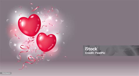발렌타인 데이 배너 디자인 회색 배경 벡터 일러스트 레이 션에 빛 효과와 빨간 풍선 2월에 대한 스톡 벡터 아트 및 기타 이미지 2월 개념 귀여운 Istock