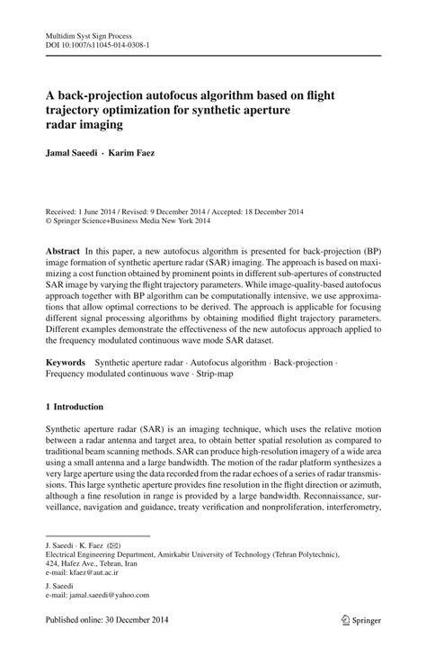 Pdf A Back Projection Autofocus Algorithm Based On Flight Trajectory
