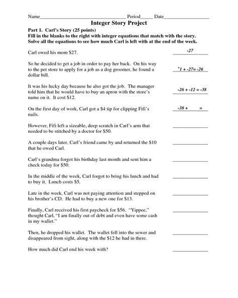 Page 1 Integer Story Projectdocx Sixth Grade Math 7th Math