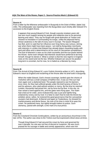 Source Paper Mock Set 1 Wars Of The Roses Aqa A Level History Paper 2