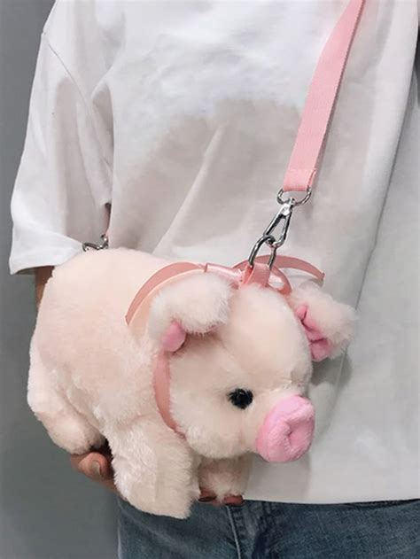 Small Novelty Bag Fluffy Pink Pig Flannelette Cute For School Party Trip Plush Bags Pig Bag
