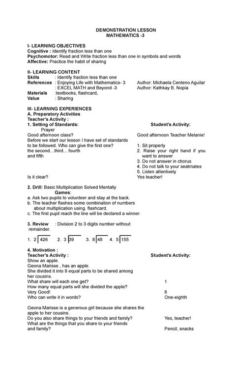 MATH LESSON PLAN DEMONSTRATION LESSON MATHEMATICS I LEARNING OBJECTIVES Cognitive