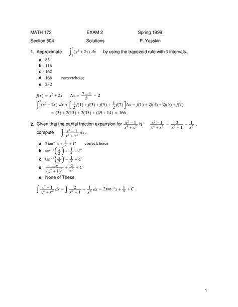14 Questions With Solutions In Calculus Exam 2 Math 172 Docsity