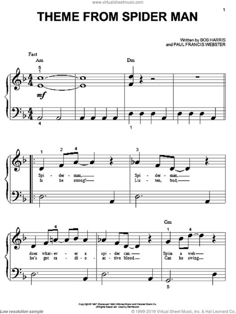 Theme From Spider Man Sheet Music For Piano Solo Big Note Book