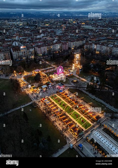 A Captivating Aerial View Of Sofias Christmas Market At Dusk Near Ndk Featuring Vibrant