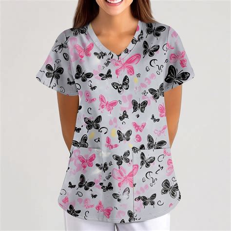 Bdporkas Womens Nursing Uniform Cute Cat Print Scrub Tops Summer Short
