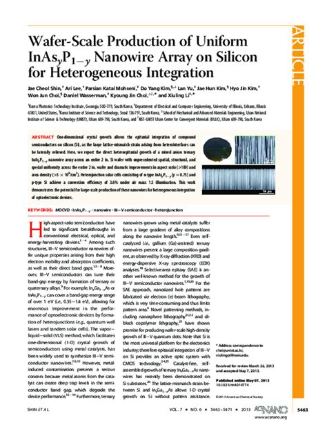 Pdf Wafer Scale Production Of Uniform Inas Y P 1 Y Nanowire Array On