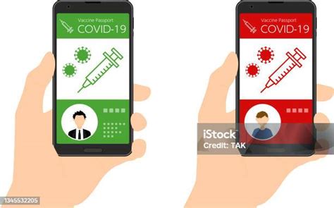 백신 여권 스마트 폰 응용 프로그램은 코로나 바이러스 예방 접종을 증명하기 위해 손으로 사진과 함께 보여주는 Brand Name Smart Phone에 대한 스톡 벡터 아트