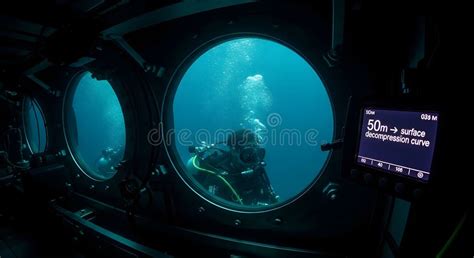 Diver In Submarine Window Underwater Exploration Stock Illustration