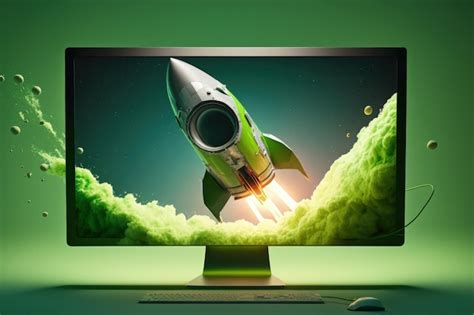 Premium Photo Rocket On Computer Monitor Screen Startup Concept Green Background Generative Ai