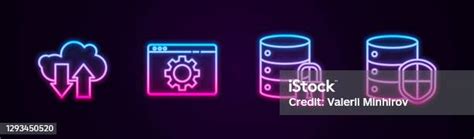 라인 클라우드 다운로드 및 업로드 브라우저 설정 잠금 및 쉴드가 있는 서버 보안을 설정합니다 빛나는 네온 아이콘 벡터 다운로드에