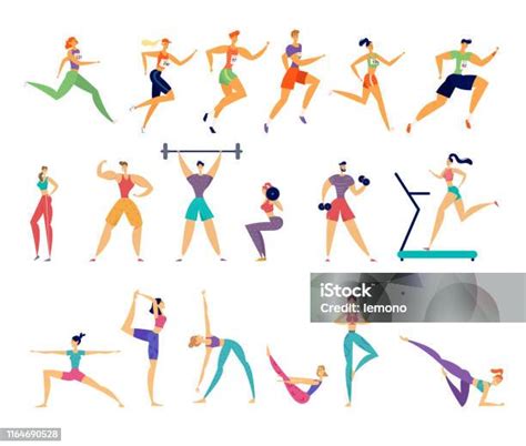 스포츠 활동 세트 남성과 여성 스포츠맨 캐릭터 운동 요가 마라톤 달리기 피트니스 보디 빌딩 체조 운동 체육관에서 사람들 훈련 건강 만화 플랫 벡터 일러스트 남자에 대한 스톡