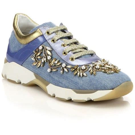 Rene Caovilla Embellished Denim And Metallic Leather Sneakers