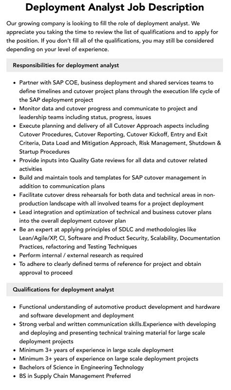 Deployment Analyst Job Description Velvet Jobs