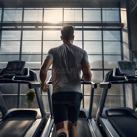 Back View Of An Athletic Young Man Running On The Treadmill In The Gym