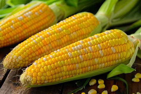 Three Ears Of Corn On A Wooden Table Stock Image Image Of Grain