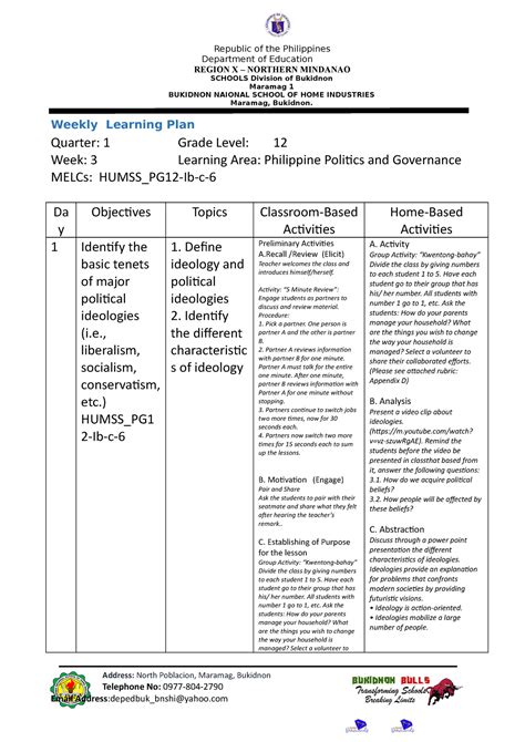 3rd Week Ppg New Weekly Learning Plan For Shs Teachers Department Of