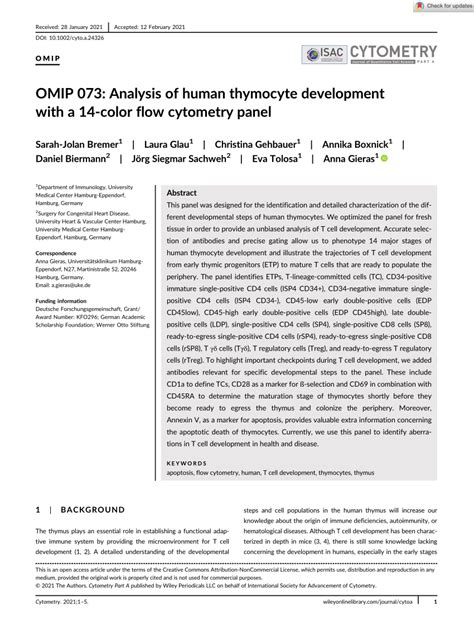 Pdf Omip 073 Analysis Of Human Thymocyte Development With A 14‐color Flow Cytometry Panel