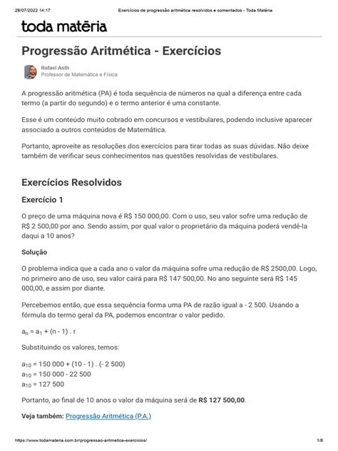 Exercícios De Progressão Aritmética Resolvidos E Comentados Toda Matéria Pdf