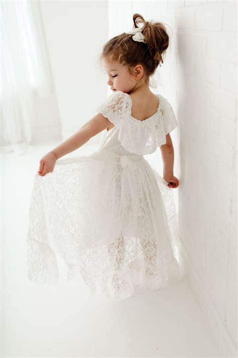 Bohemian Lace Flower Girl Dress Boho White Tulle Wedding Dress