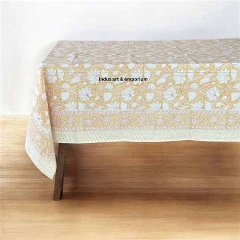 Floral Tablecloth With White Lotus Pattern Beige And White Border