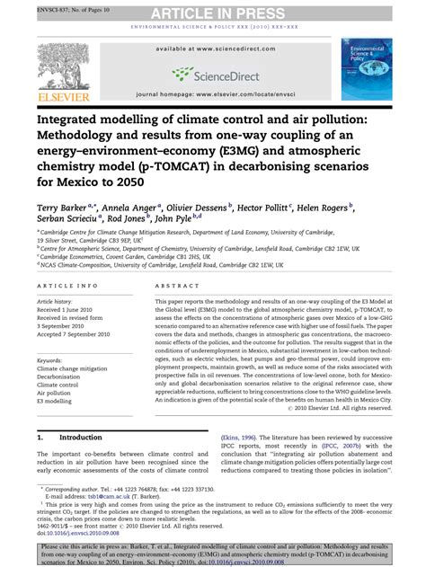 Pdf Integrated Modelling Of Climate Control And Air Pollution