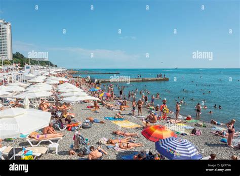 Public Beach Mayak Lighthouse In Resort Town Russia Sochi July 26