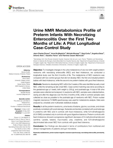 Pdf Urine Nmr Metabolomics Profile Of Preterm Infants With Necrotizing Enterocolitis Over The