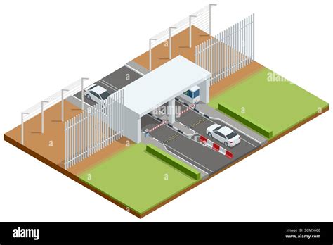 Isometric Border Checkpoint With Cars Barriers And Inspection Booths