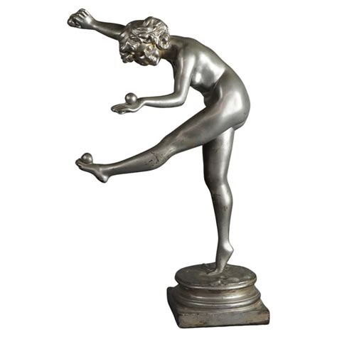 Antique Frankart School Art Deco Figural Nude Silvered Metal Sculpture