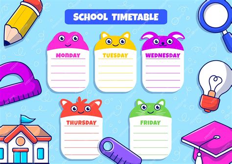 Premium Vector Cute School Timetable With Colorful Hand Drawn Doodle School Stationery Decoration