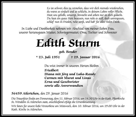 Traueranzeigen Von Edith Sturm Rz Trauer De