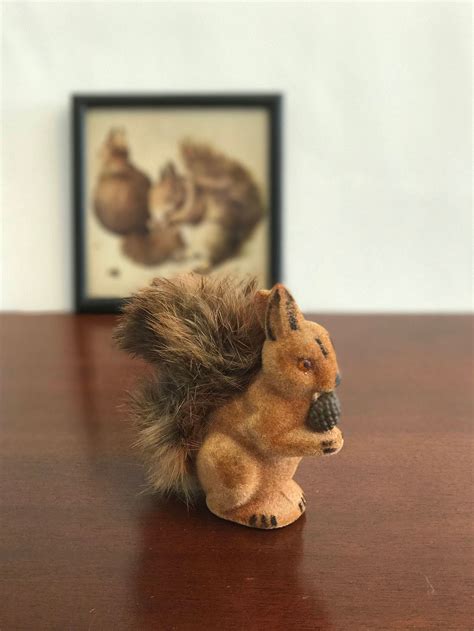 Vintage Flocked Squirrel Figurine Collectible Squirrel With Fur Tail