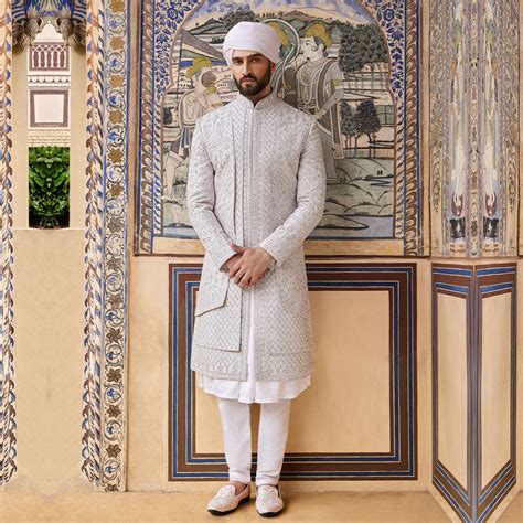 Buy Threadwork White Overlapping Dulha Sherwani Online Suvidha Fashion