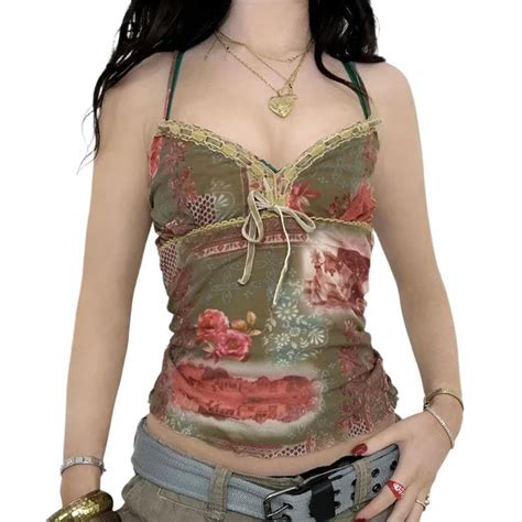 2000s Y2k Tops Summer Clothes Women Retro Floral Print Mesh Sheer Bow